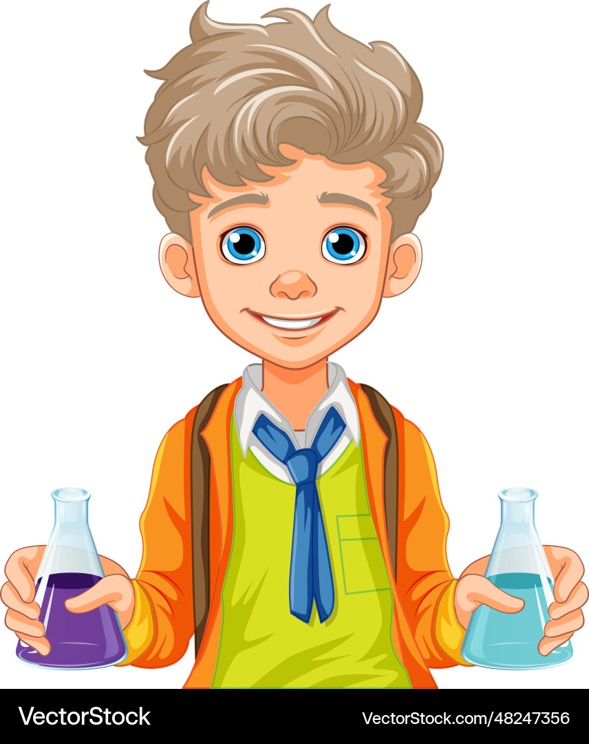 Male student cartoon holding conical flask on Vector Image