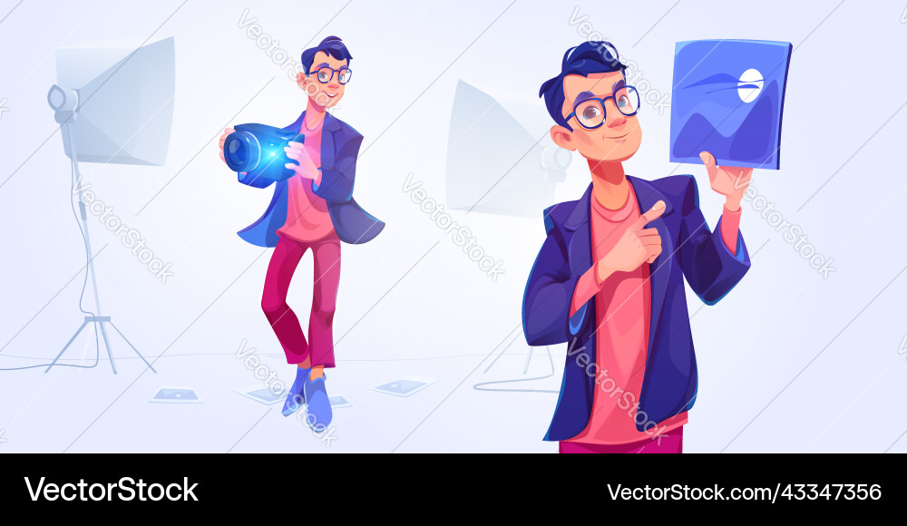 Photographer man with camera and light equipment Vector Image