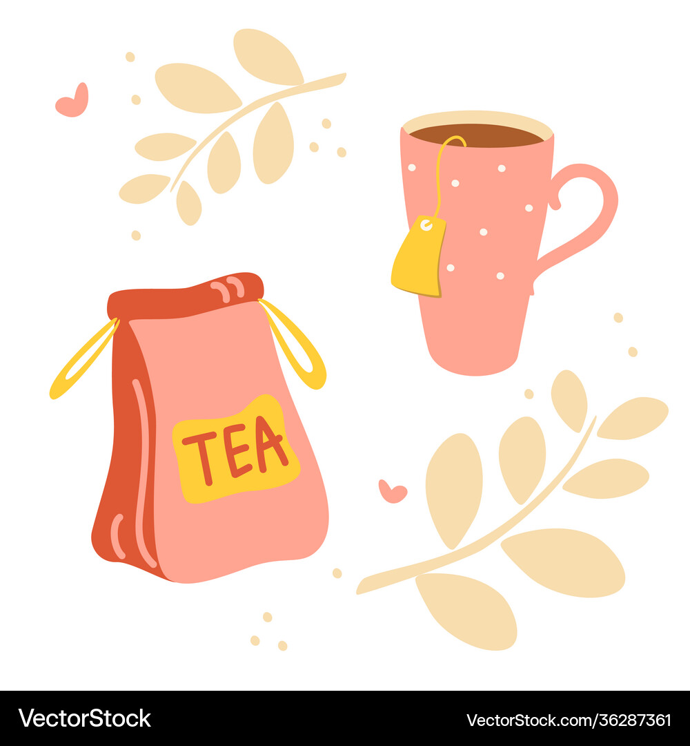 Cartoon tea cups and kettle tea time postcard Vector Image