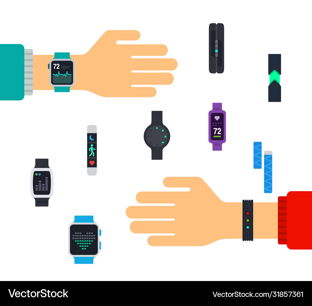 Fitness trackers on hands flat Royalty Free Vector Image