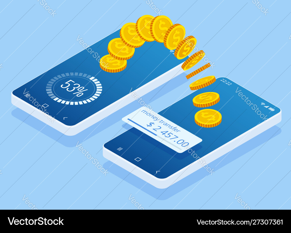 Isometric money transfer online wallet Royalty Free Vector