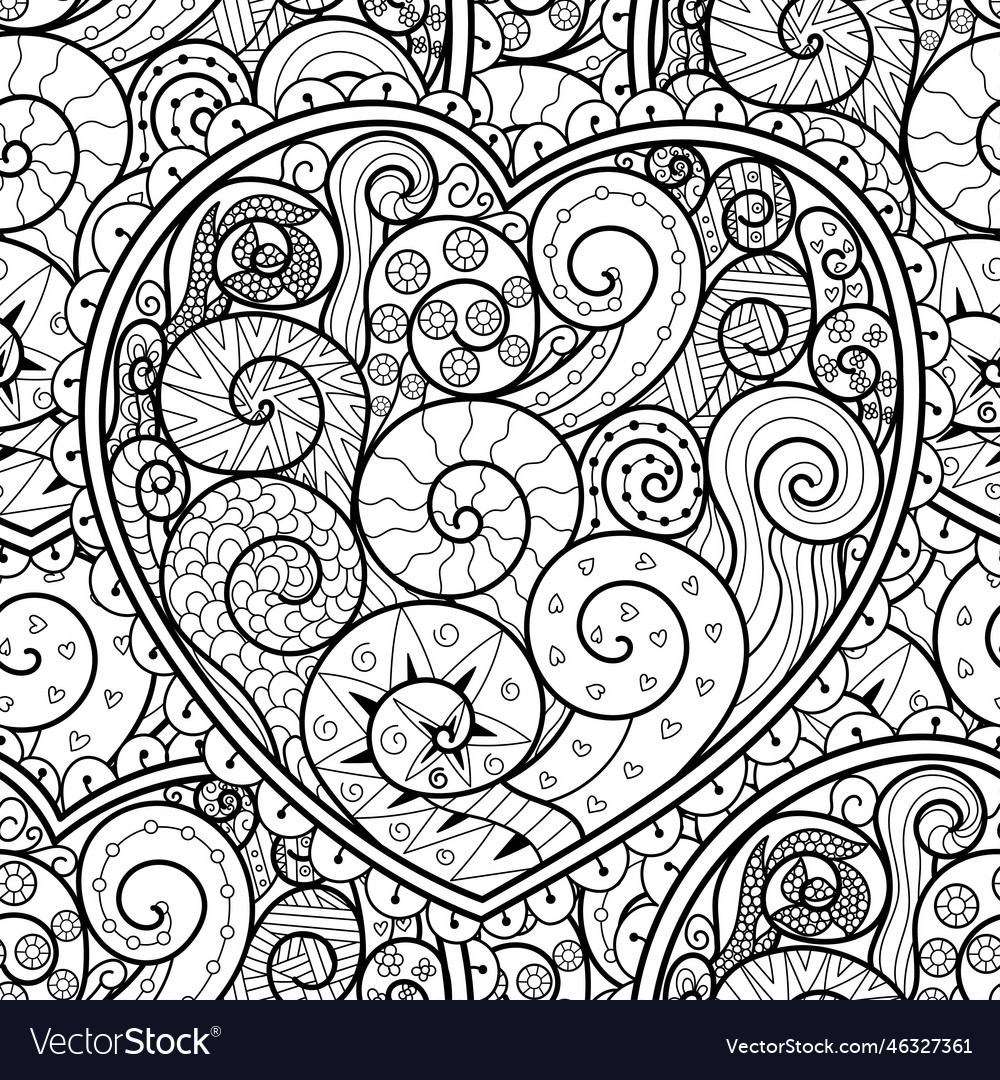 Wavy heart doodle black and white seamless pattern