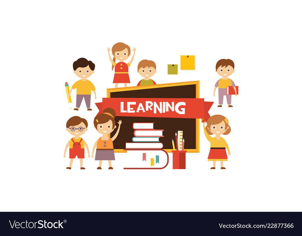 Group cute little kids blackboard and stack of Vector Image