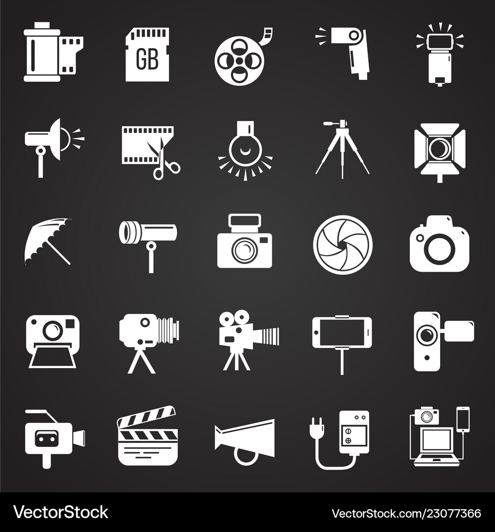 Photography and videography icon set on black Vector Image