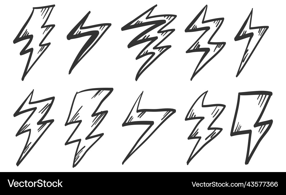 Set of hand drawn electric lightning Royalty Free Vector