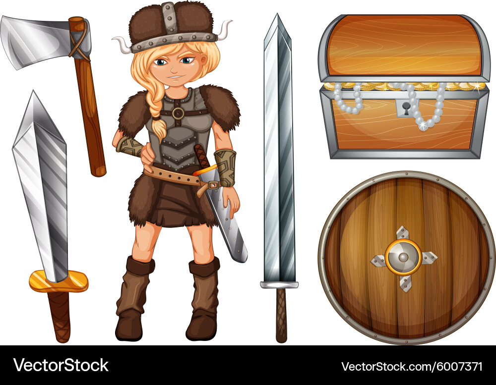 Female viking with weapons and chest Royalty Free Vector