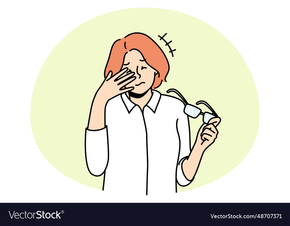 Unhealthy Woman Take Off Glasses Suffer From Vector Image