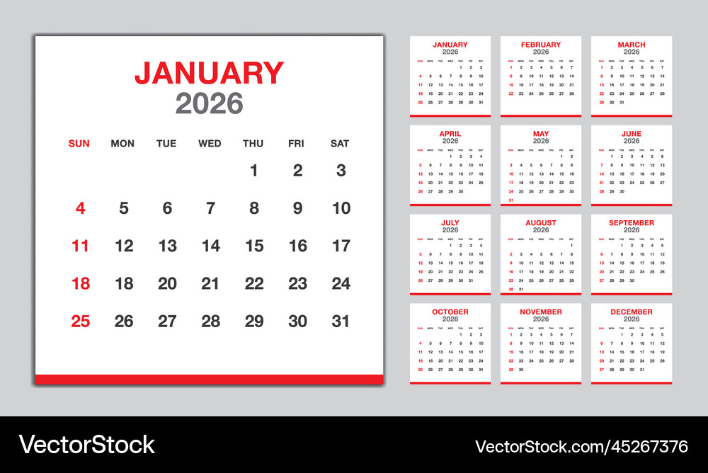 Calendar 2026 year red design monthly Royalty Free Vector