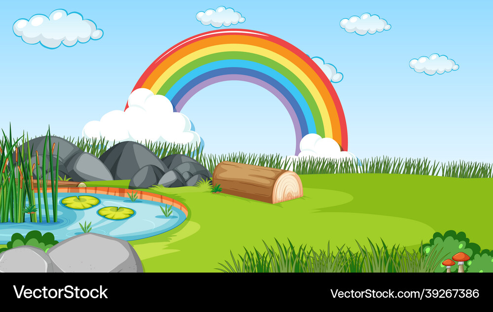 Nature scene background with rainbow in the sky Vector Image