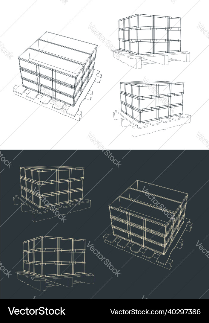 Plastic boxes on wooden pallets sketches set Vector Image