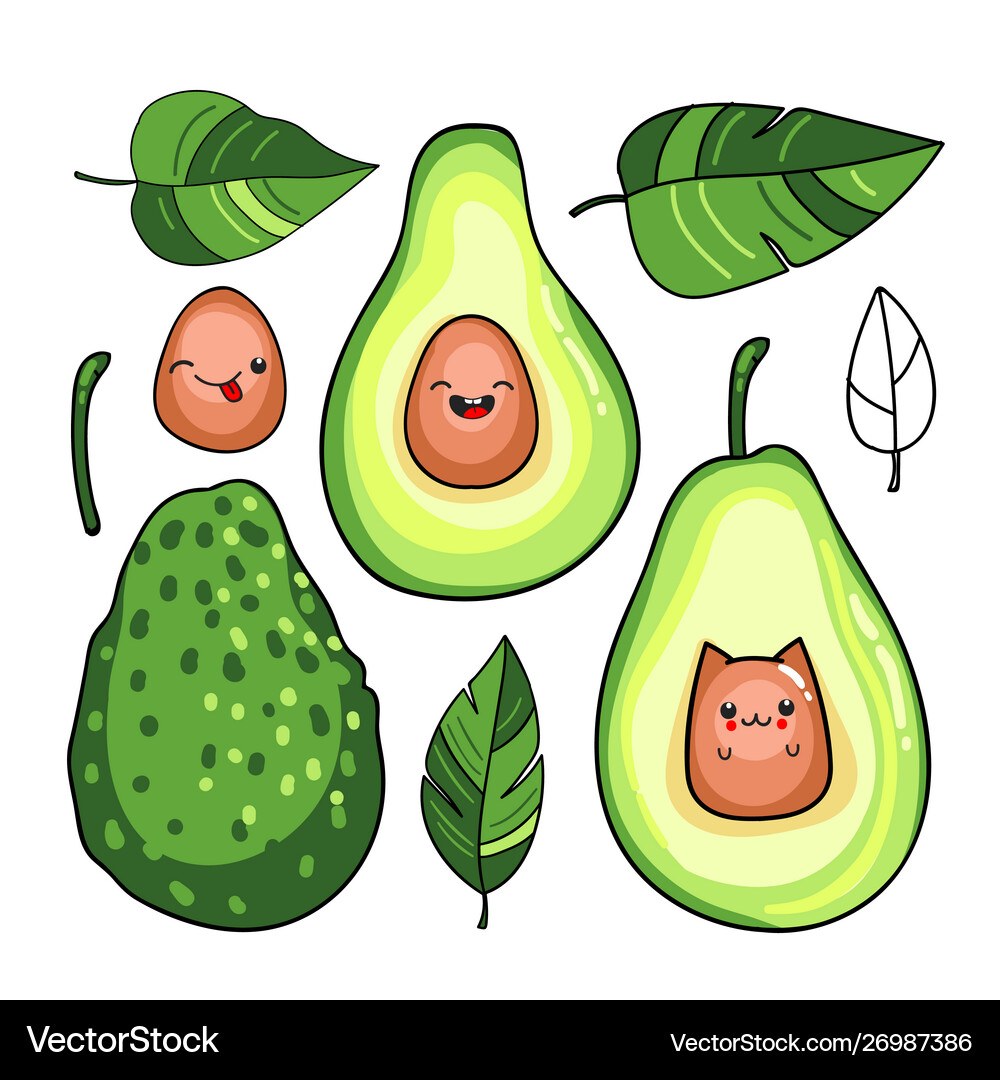 Set cute avocado kawaii style Royalty Free Vector Image