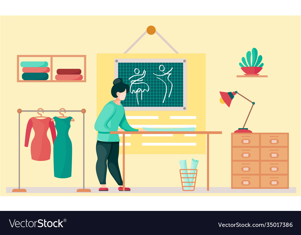 Sewing with designer working a pattern Royalty Free Vector