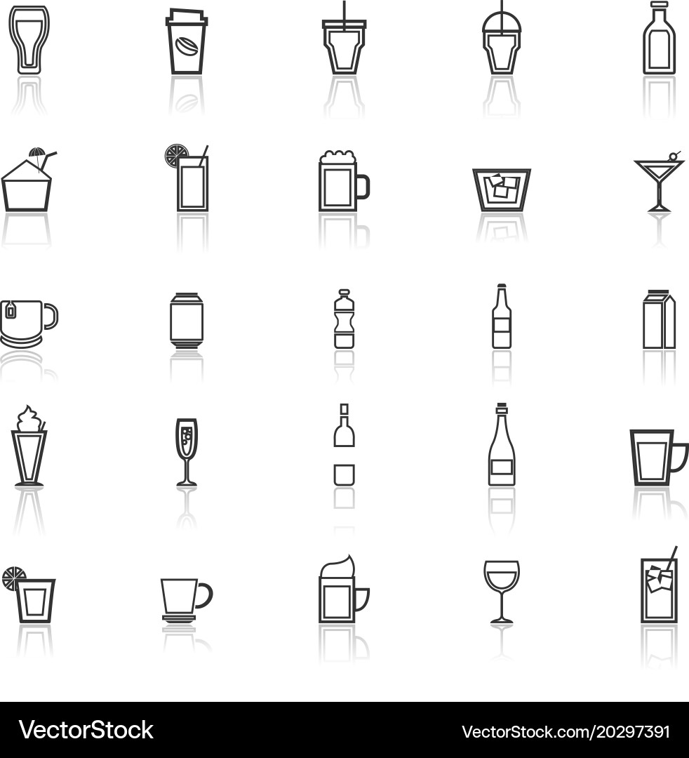 Beverage line icons with reflect on white Vector Image