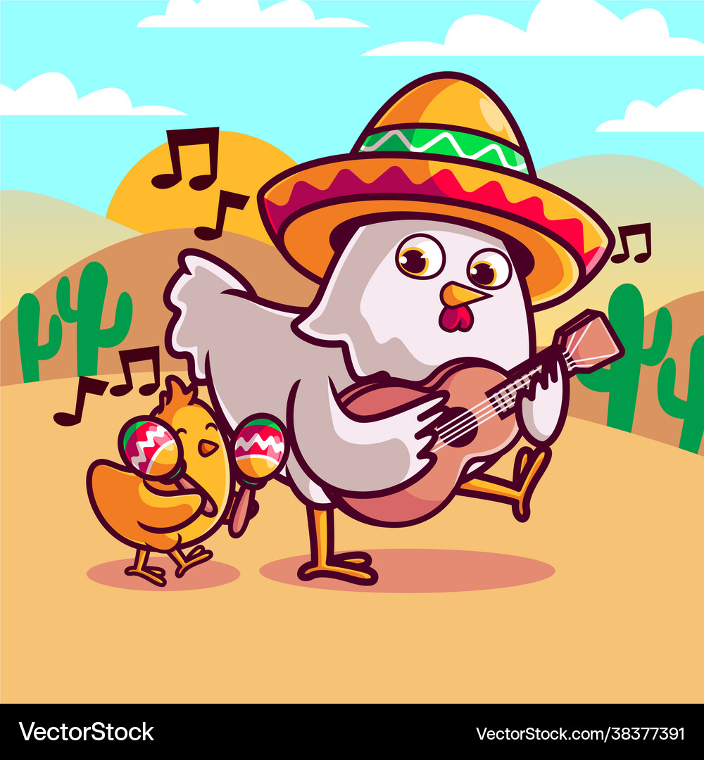 Hen with chick playing musical instrument Vector Image
