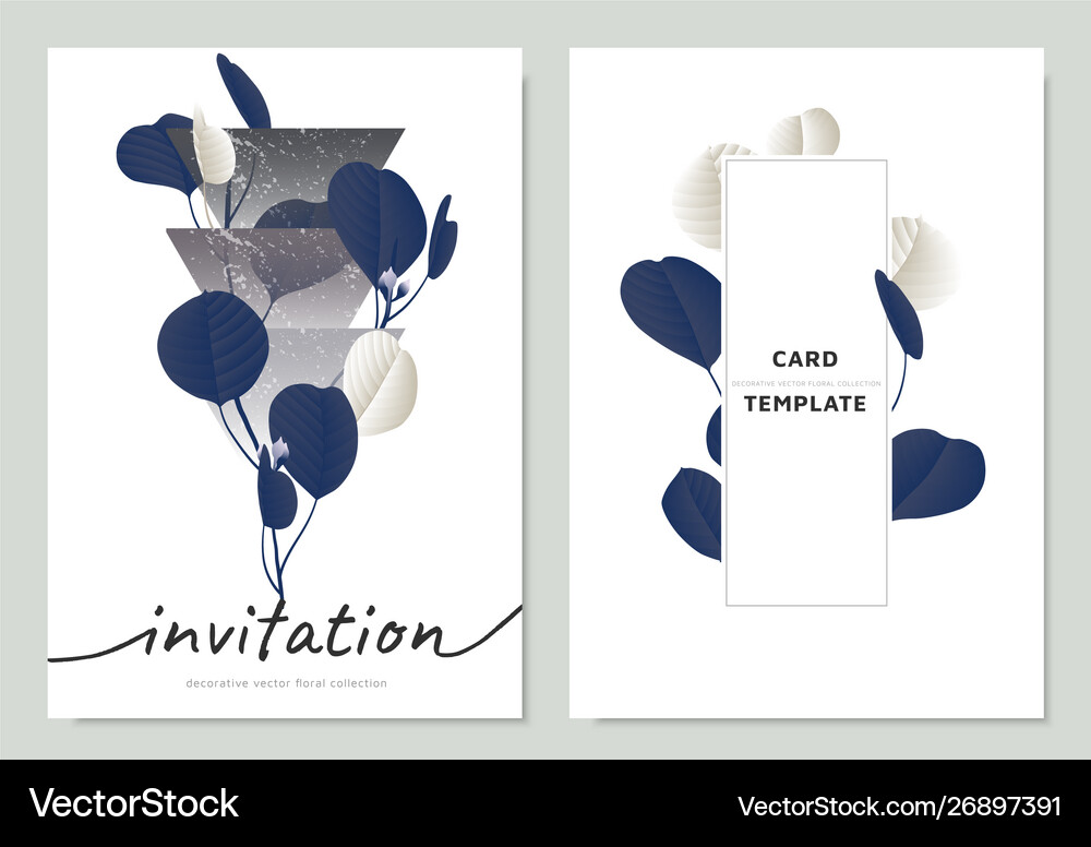 Invitation card template blue and white leaves Vector Image