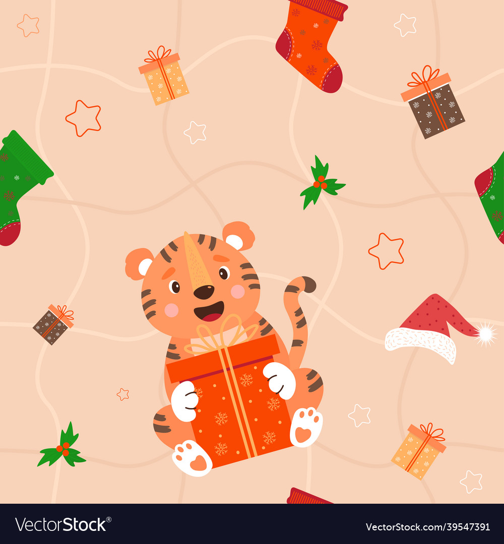 Seamless pattern with tiger and new years decor Vector Image