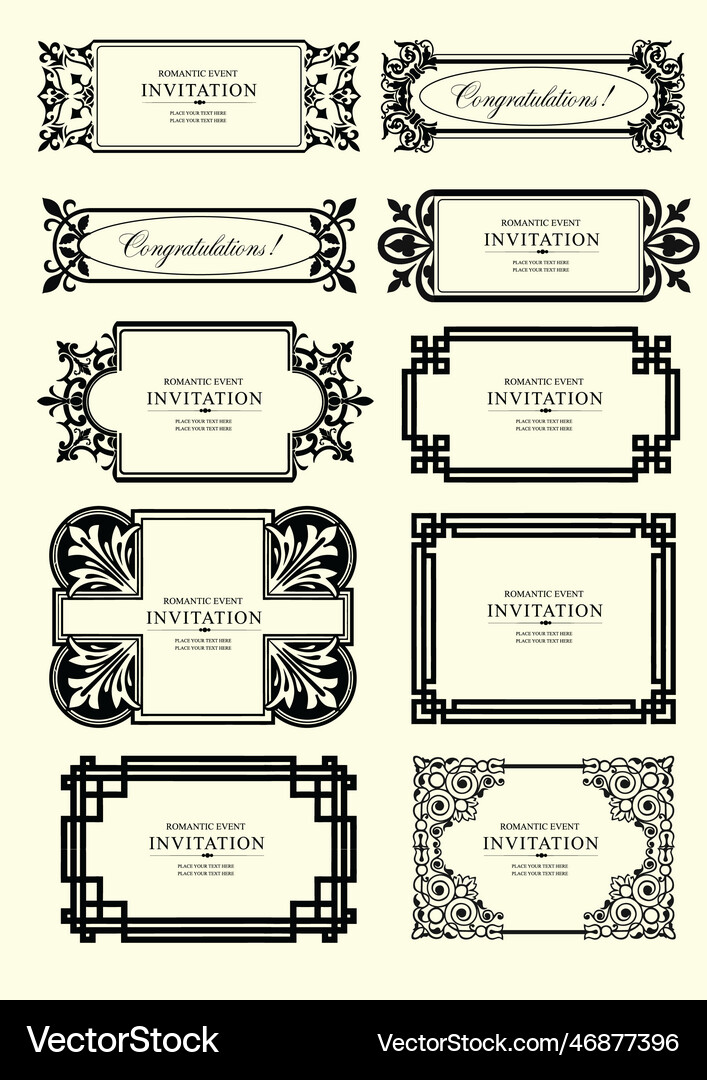 Set of ornate frames and ornaments with sample Vector Image