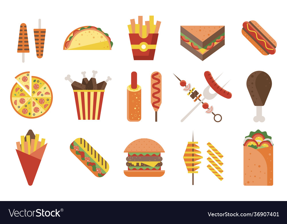 Fast food and junk food icons set Royalty Free Vector Image