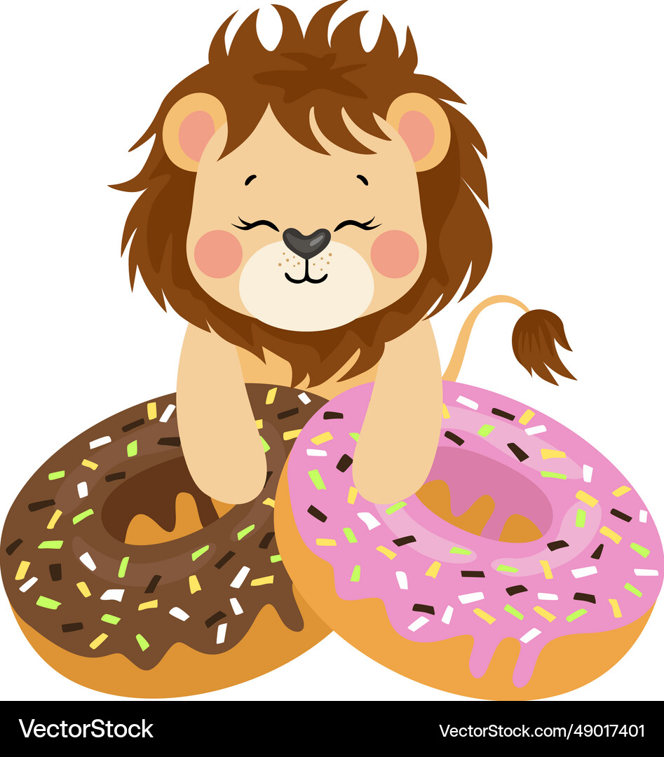 Funny lion with strawberry and chocolate donuts Vector Image