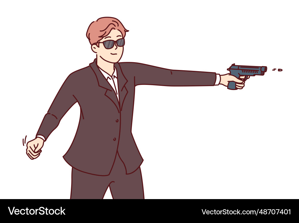 Man secret agent shoots gun dressed in formal Vector Image