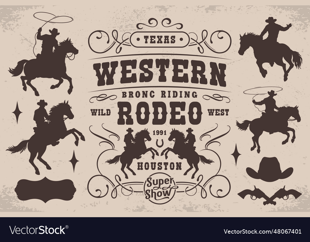 Western rodeo set posters monochrome Royalty Free Vector