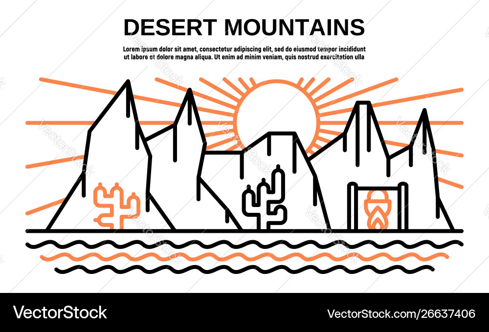 Desert mountains banner outline style Royalty Free Vector