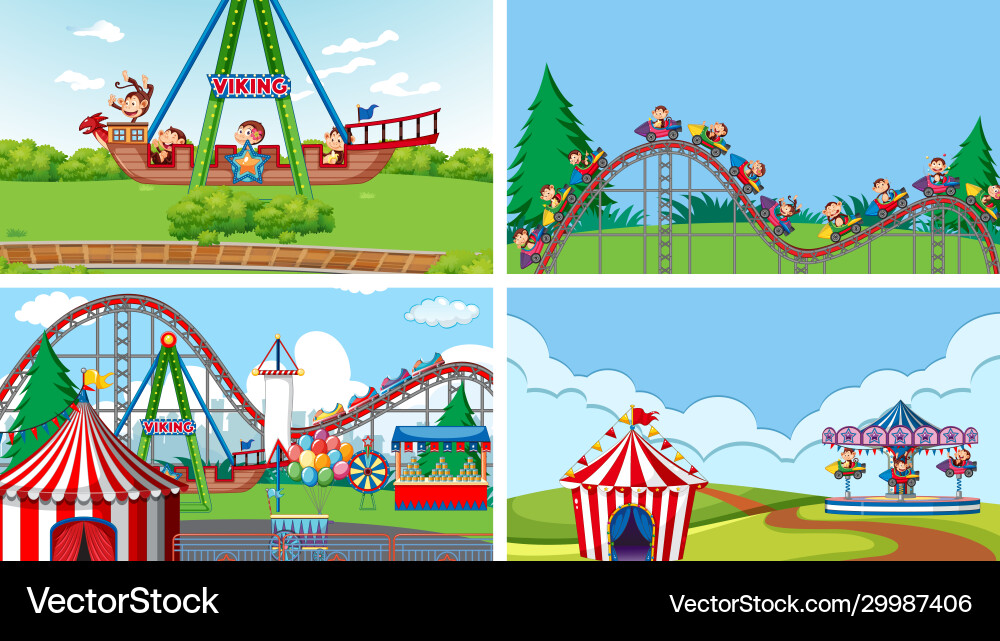 Four scenes with many rides in fun fair Royalty Free Vector