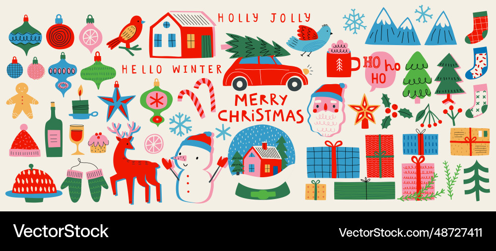 Christmas set of graphic elements hand drawn Vector Image