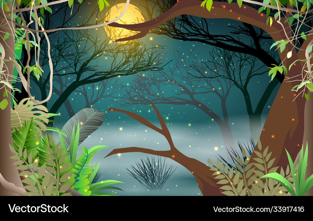 Fireflys at swamp in jungle night Royalty Free Vector Image