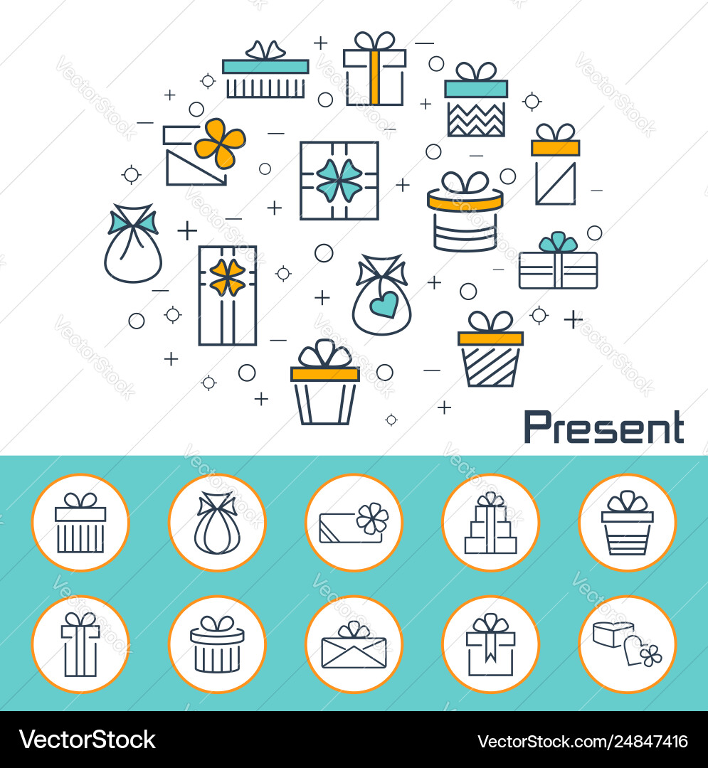 Present banner in flat style outline icons Vector Image