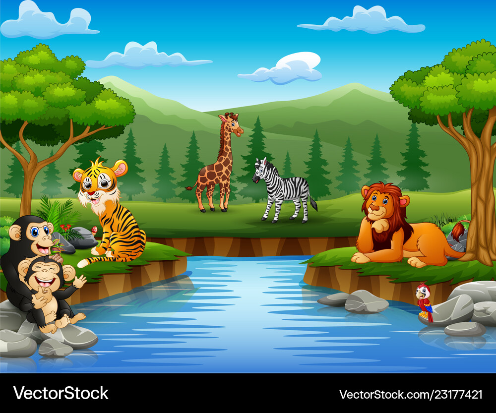 Animals cartoon are enjoying nature river Vector Image