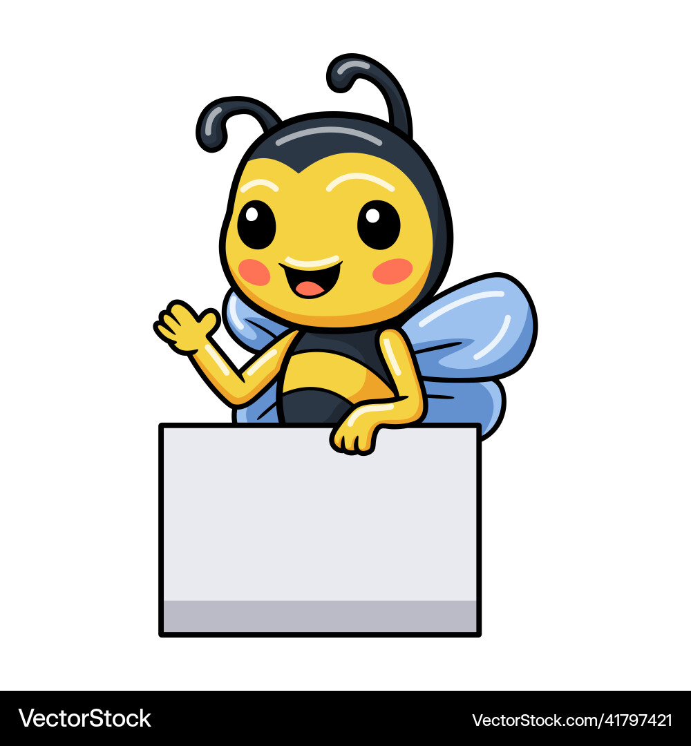 Cute little bee cartoon with blank sign Royalty Free Vector
