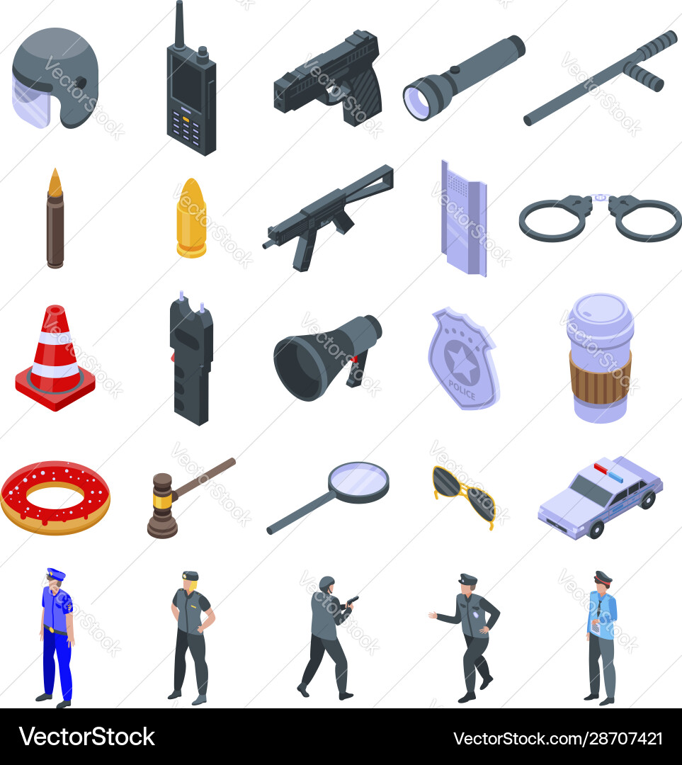 Police equipment icons set isometric style Vector Image