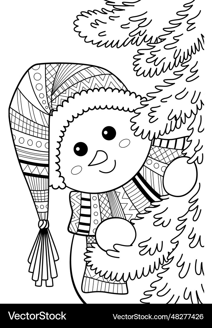 Cute snowman doodle coloring book page black Vector Image