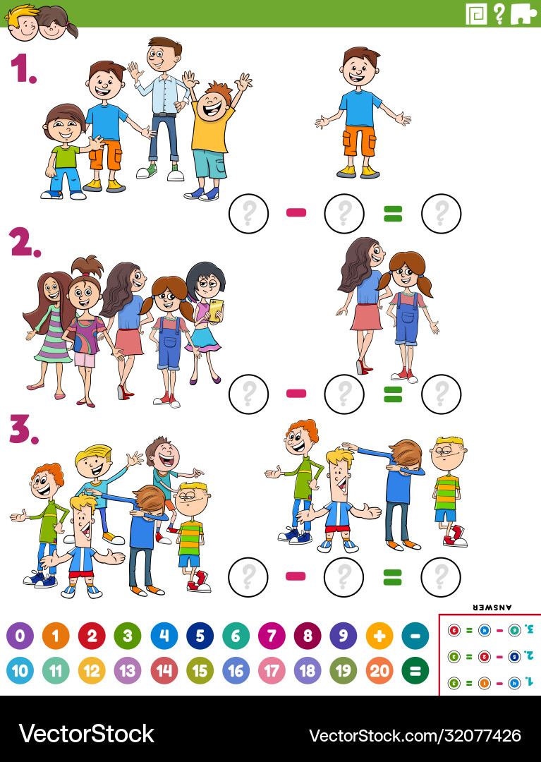 Maths subtraction educational task with comic kids