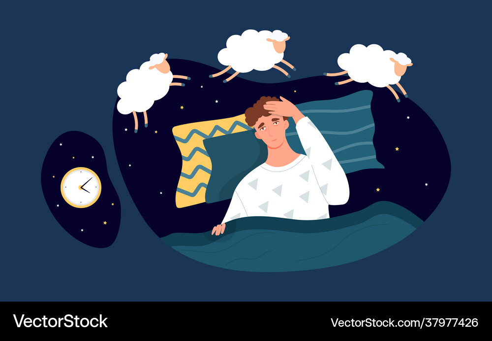 Sleepless male character suffering from insomnia Vector Image