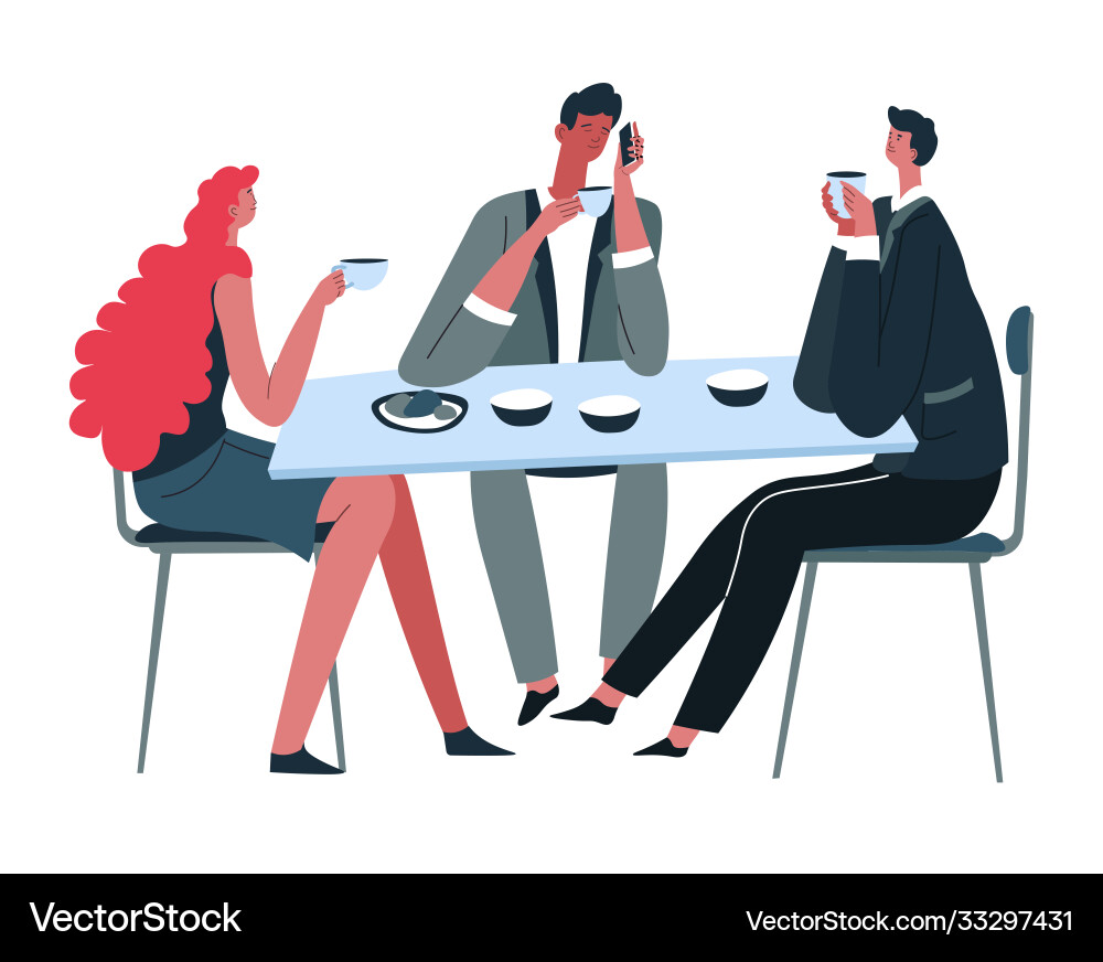 People eating and drinking tea colleagues at Vector Image