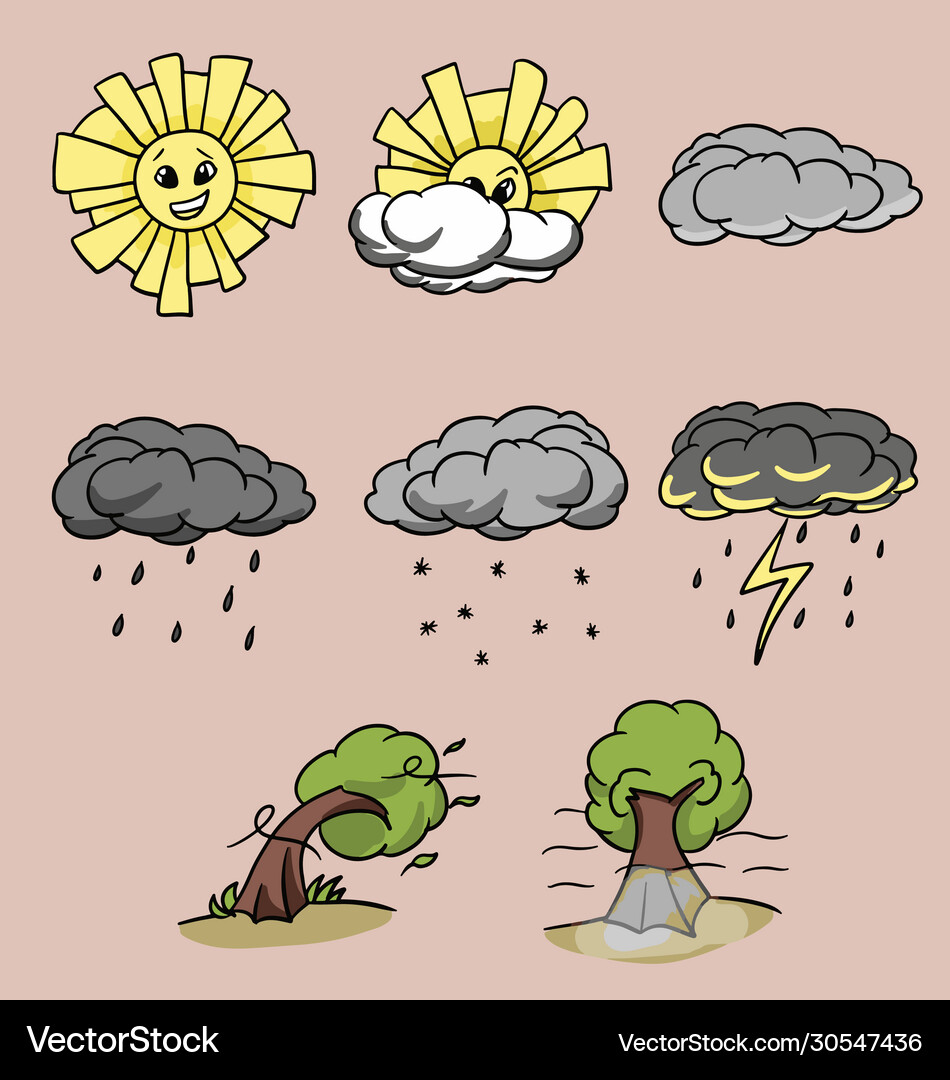 Set 8 different weather in cartoon style Vector Image