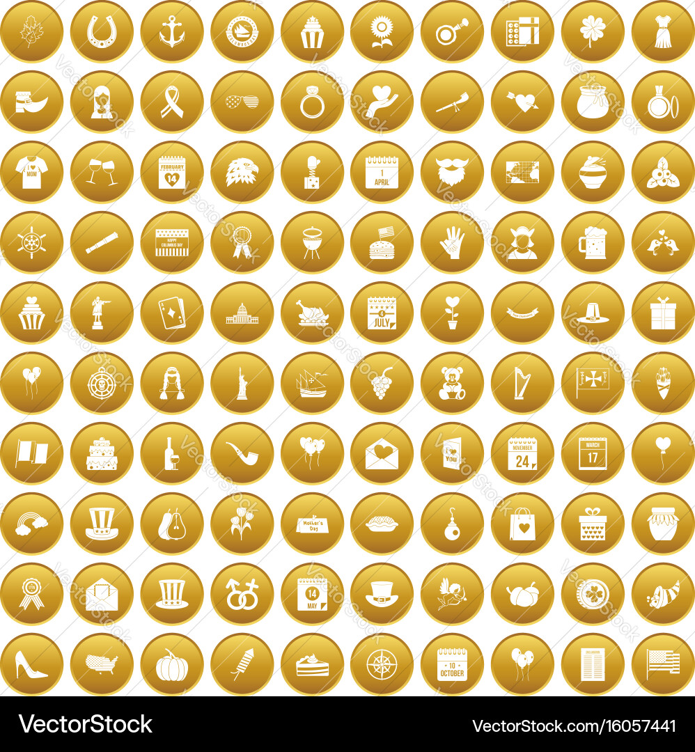 100 calendar icons set gold Royalty Free Vector Image