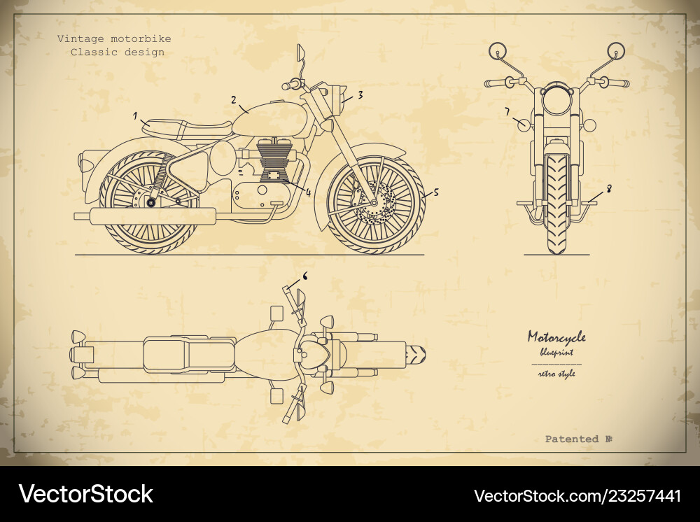 Blueprint retro motorcycle in outline style Vector Image