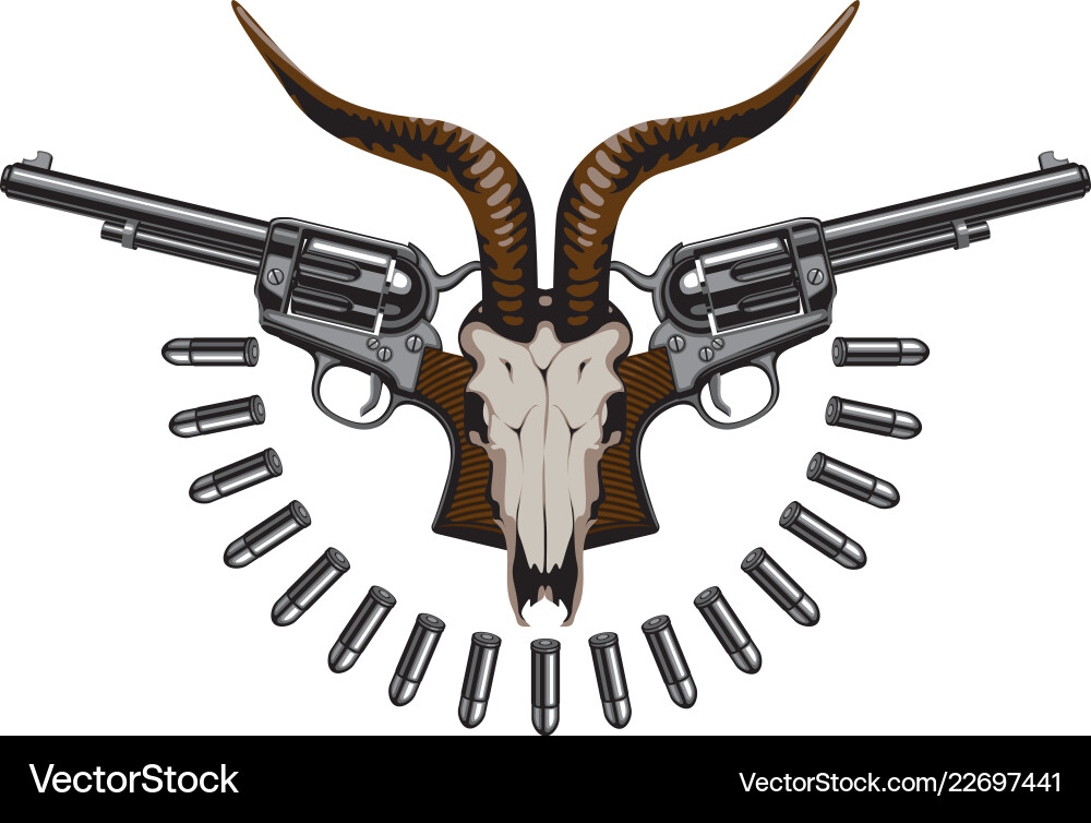 Emblem with two old revolvers bullets and skull Vector Image