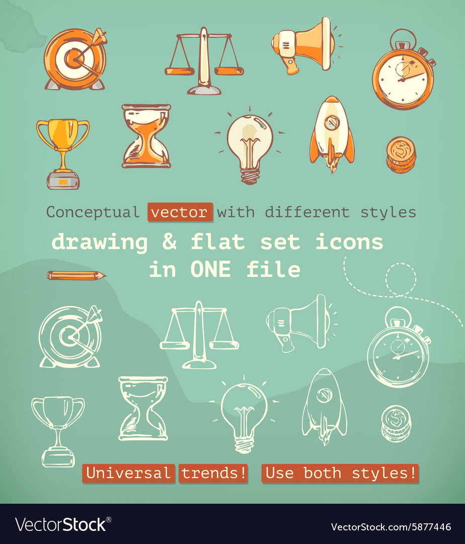 Drawing and flat set icons conceptual Royalty Free Vector