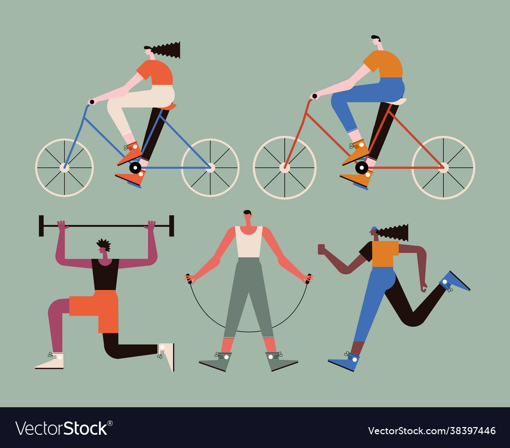 Five persons practicing activities Royalty Free Vector Image