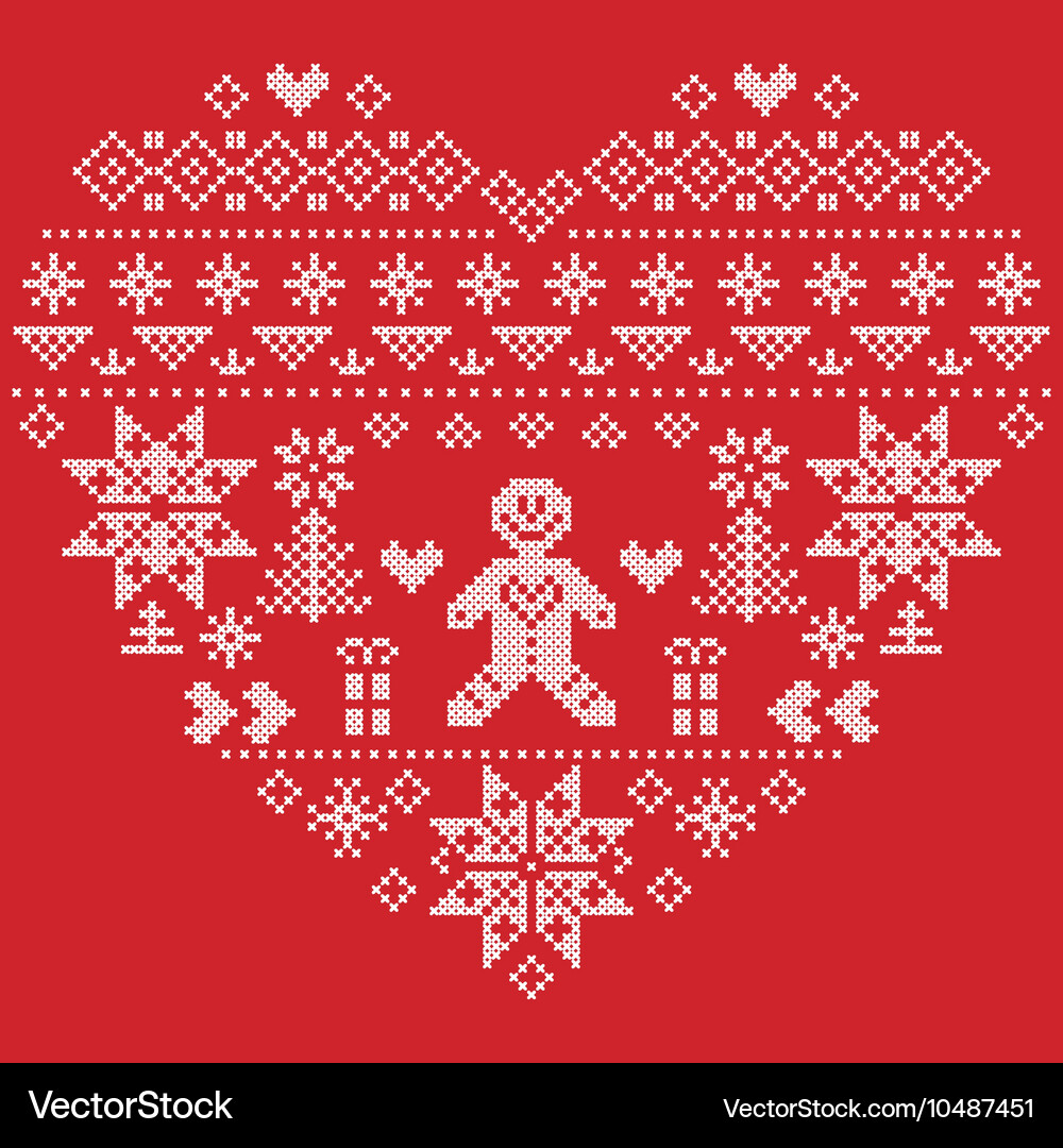 Christmas heart shape with gingerbread man on red Vector Image