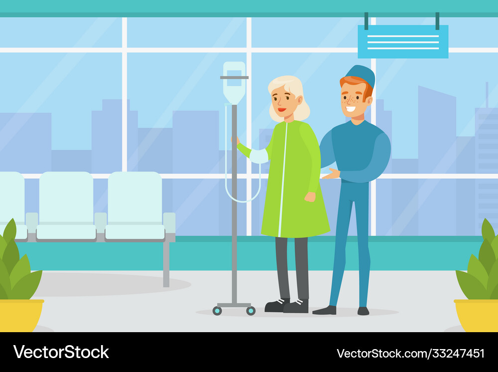 Doctor supporting elderly female patient standing Vector Image