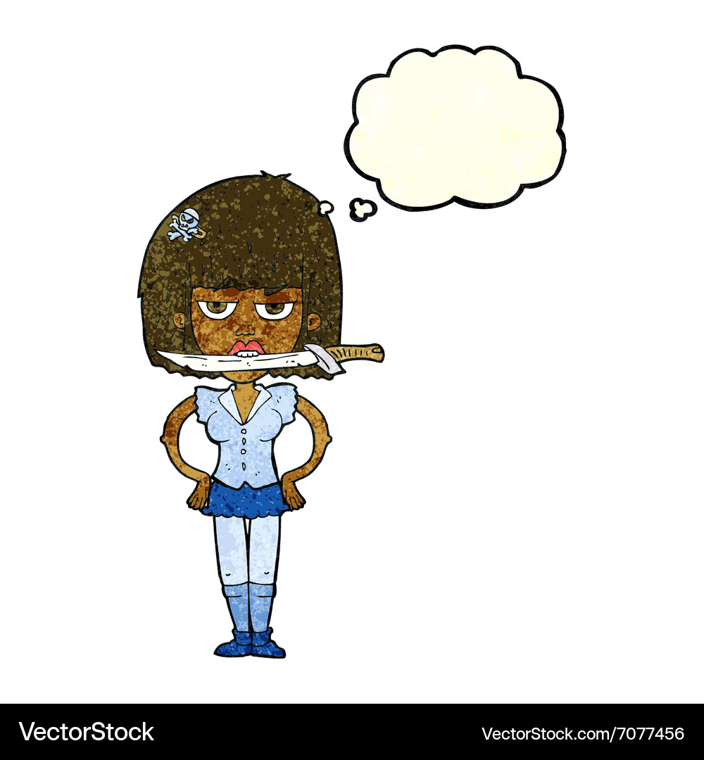 Cartoon woman with knife between teeth Royalty Free Vector
