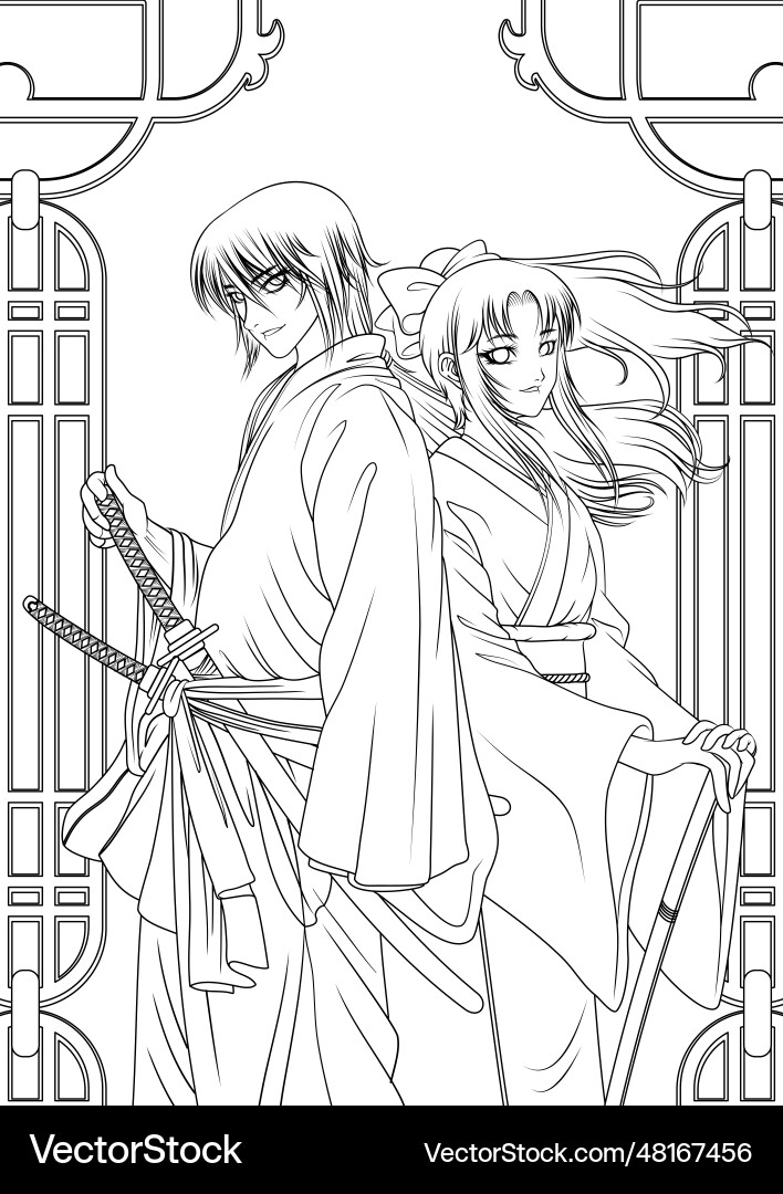 Coloring page of samurai couple Royalty Free Vector Image