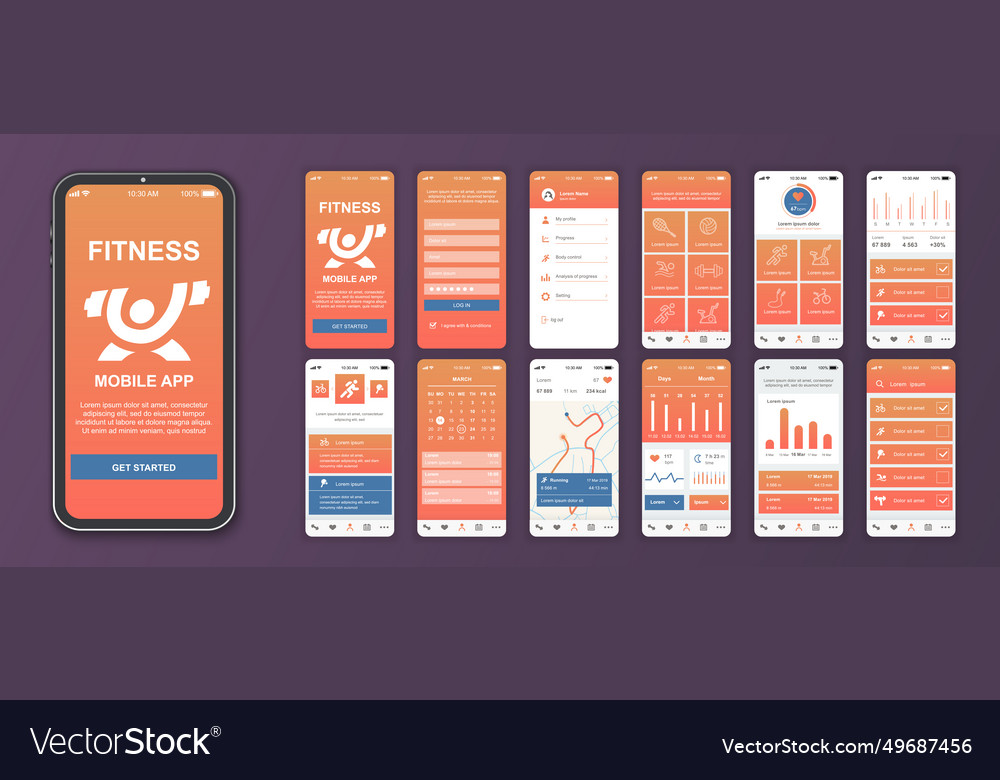 Fitness mobile app interface screens template set Vector Image