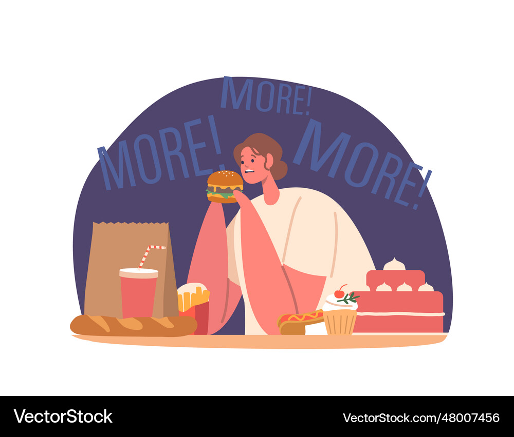 Hungry female character with excessive eating Vector Image