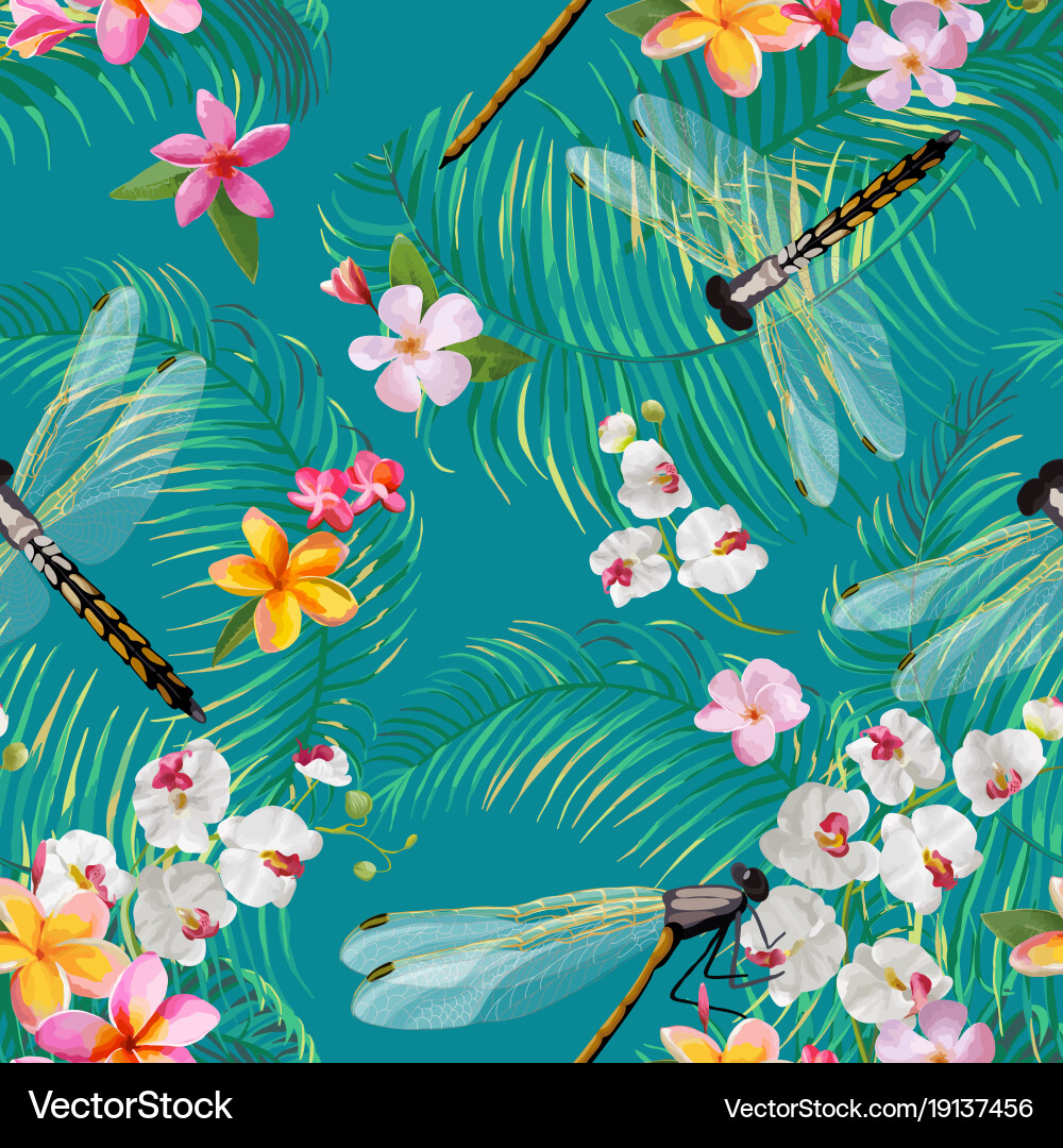 Tropical floral seamless pattern with dragonflies Vector Image